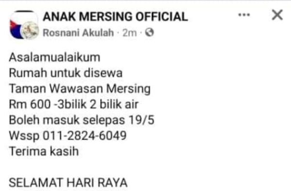 Waspada 'scammer' iklan rumah sewa di Mersing - Kosmo Digital