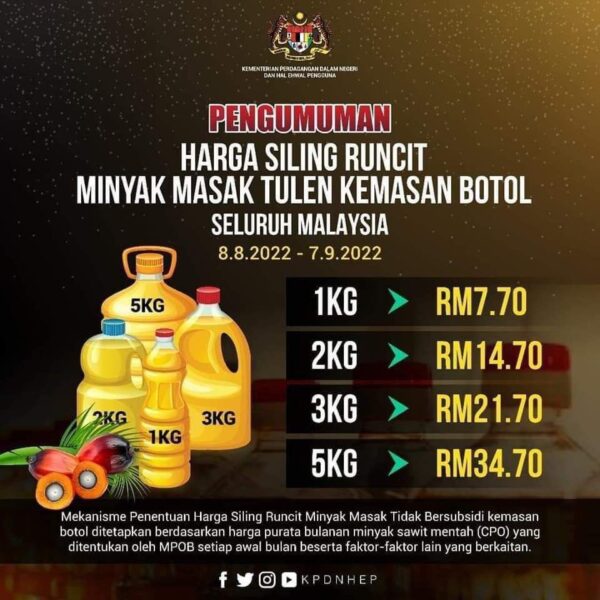 Harga siling runcit minyak masak botol ditetapkan selama sebulan - Kosmo Digital
