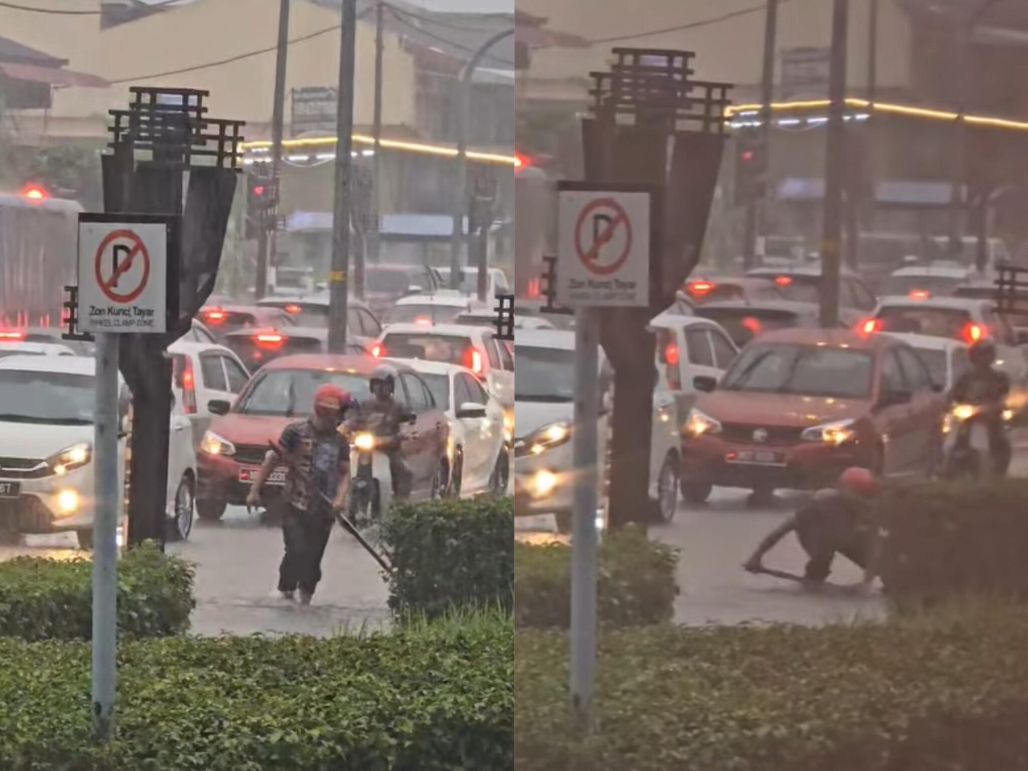 Penunggang motosikal korek longkang tersumbat elak banjir - Kosmo Digital