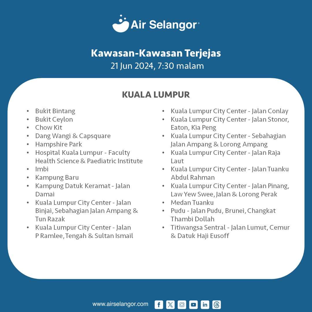 20 kawasan di Kuala Lumpur alami gangguan bekalan air malam ini - Kosmo Digital