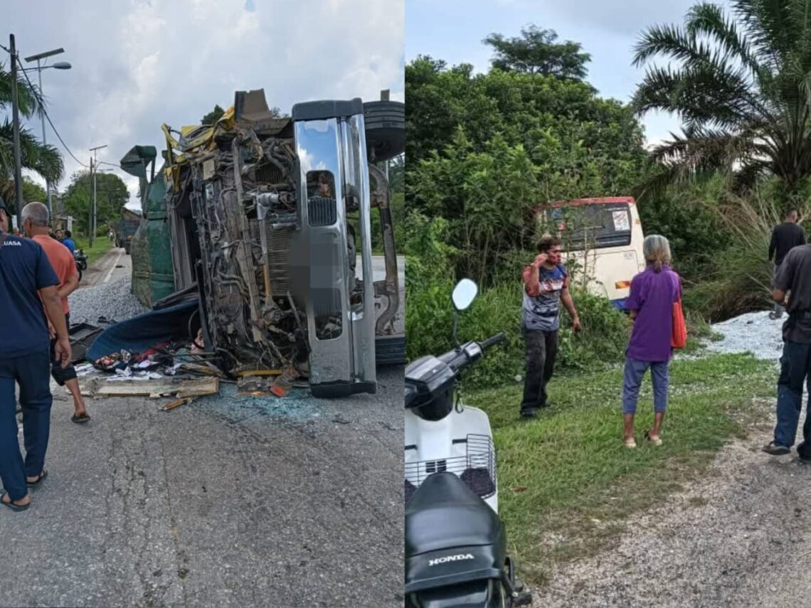 Enam termasuk lima penumpang, pemandu bas cedera berlanggar lori batu - Kosmo Digital