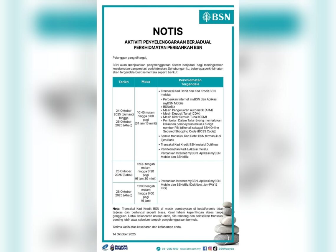 Beberapa perkhidmatan BSN tergendala bermula 24 hingga 26 Oktober ...